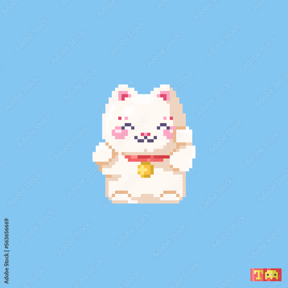 Pixel art lucky cat. 8 bit Maneki Neko in retro gamer style. Cute ...