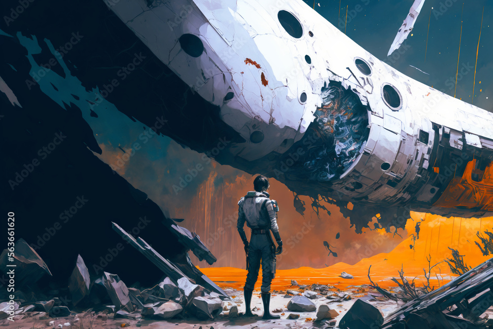 Astronaut staring at spaceship crash site. Digital art painting, AI ...