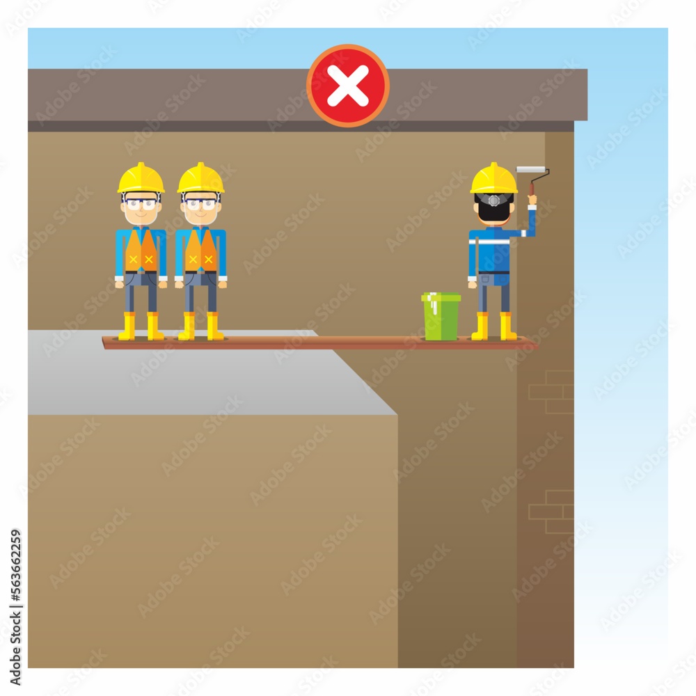 Worker stand at the improper working platform during painting work ...