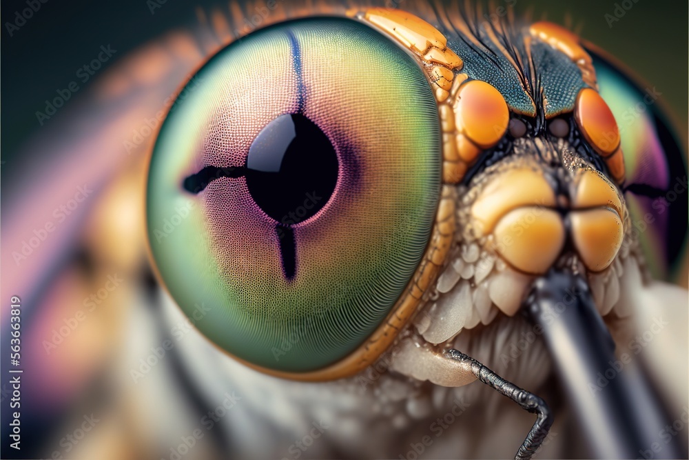 a close up of a colorful insect's eye with a black spot on the iris of ...