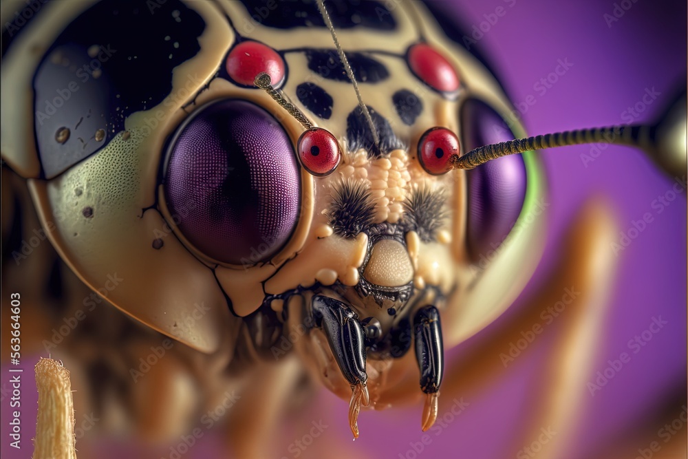 a close up of a bug with red eyes and a long nose with a long nose and ...