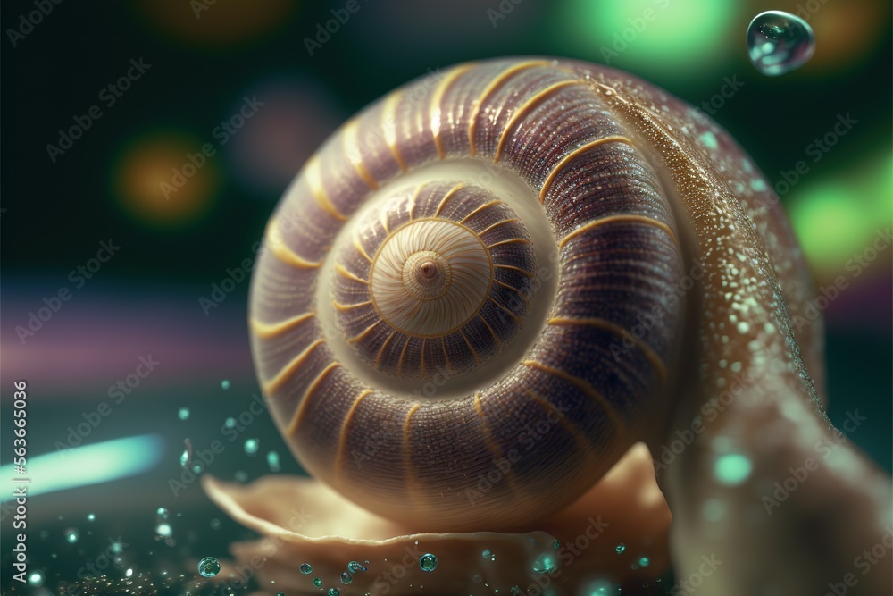 a snail with a spiral shell on its back and bubbles of water around it ...