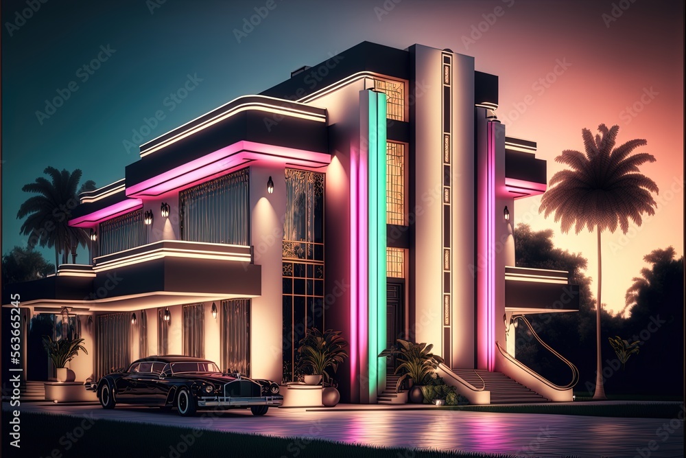 pop art deco architectural neon light modern palace with palms made ...