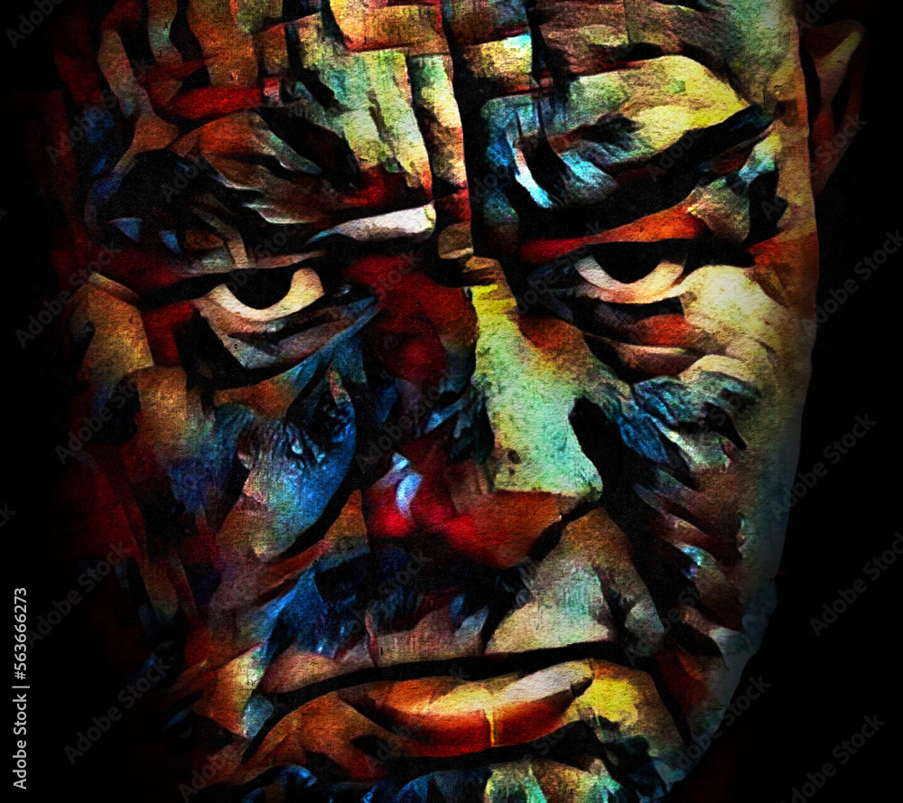 This is a painting of an ugly old man with a rough complexion in a 3-d ...
