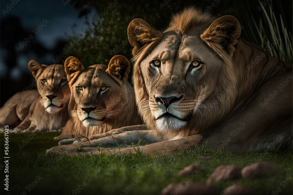 a group of lions sitting on top of a lush green field next to a forest ...