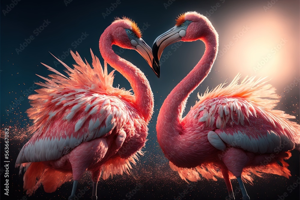 two flamingos standing next to each other with their necks touching ...