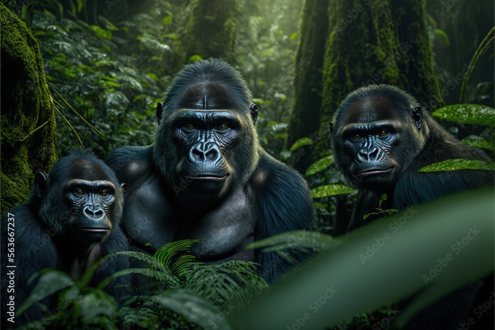 three gorillas in the jungle with their faces painted black and white, with trees and plants in ...