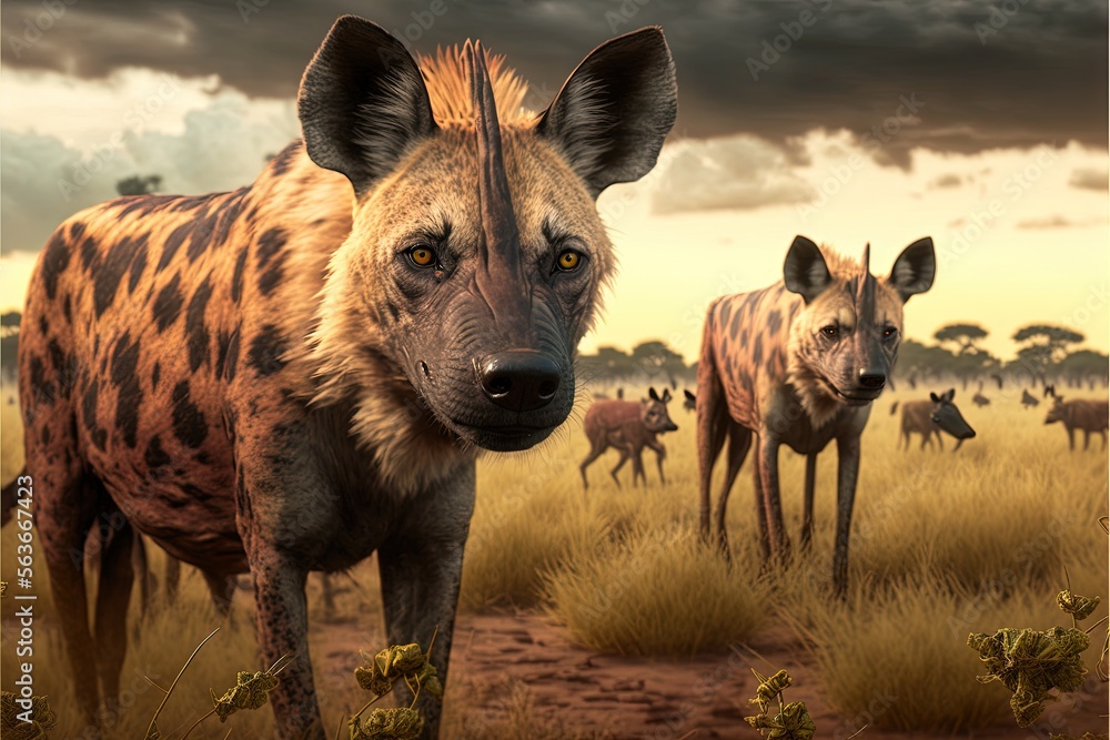 a group of wild animals standing on top of a dry grass field next to a ...