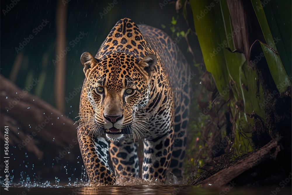 a large leopard walking across a river next to a forest filled with ...