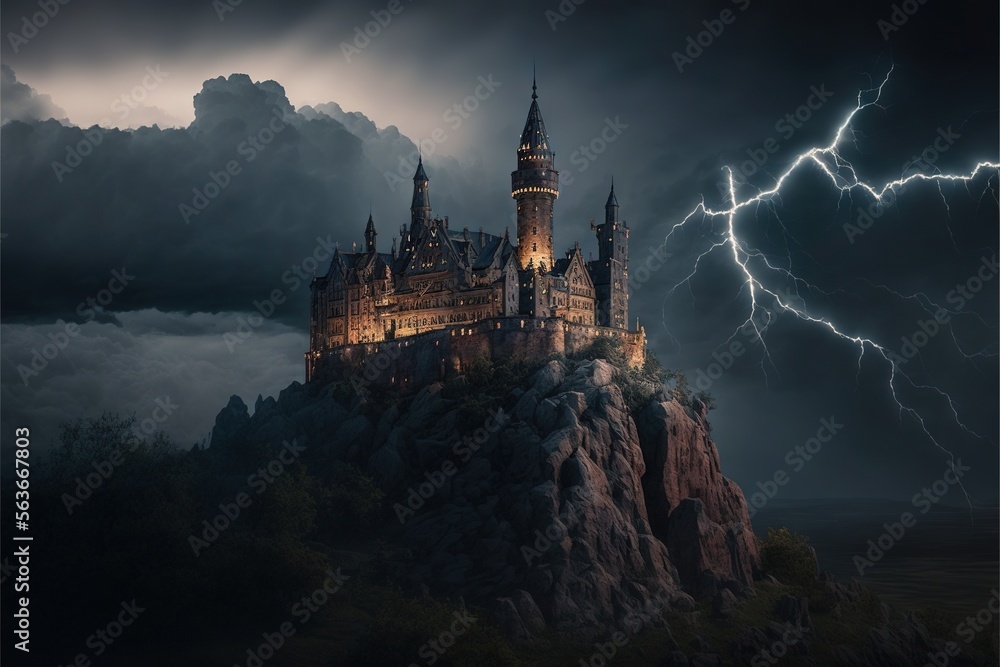 a castle with a lightning bolt in the sky above it and a dark sky ...