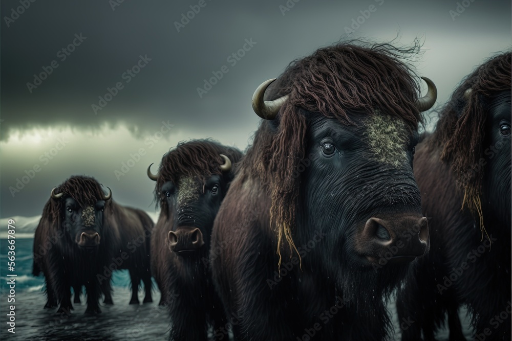a herd of bison standing on top of a beach next to the ocean under a ...