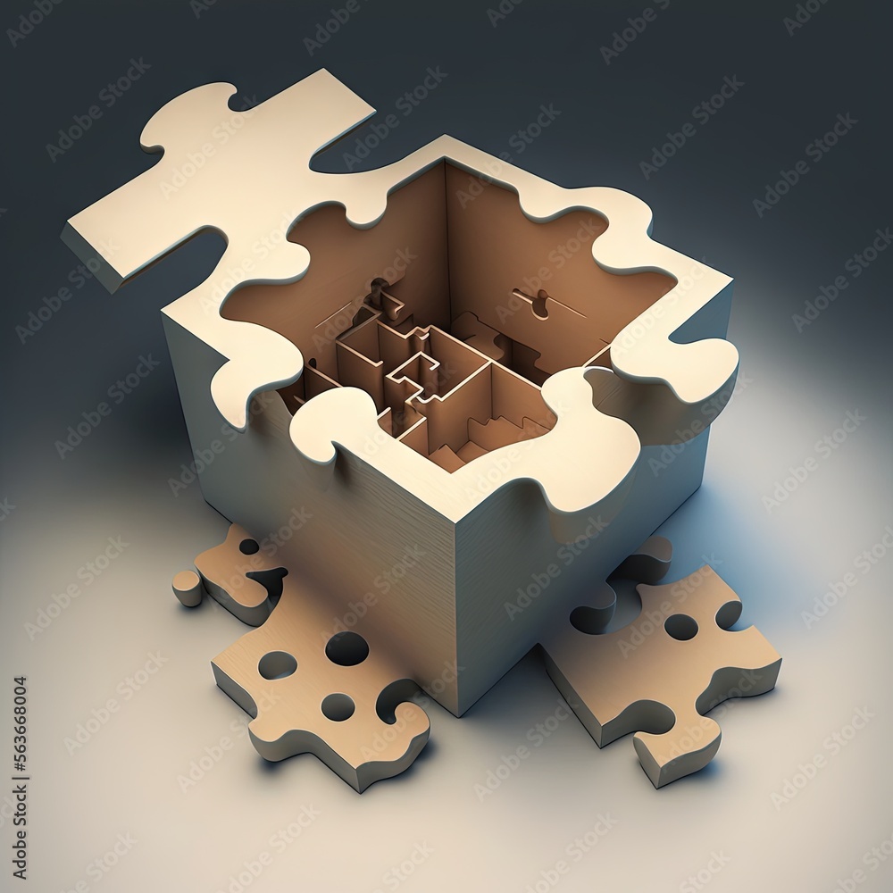 a puzzle box with a hole in it and pieces missing from it, on a gray ...