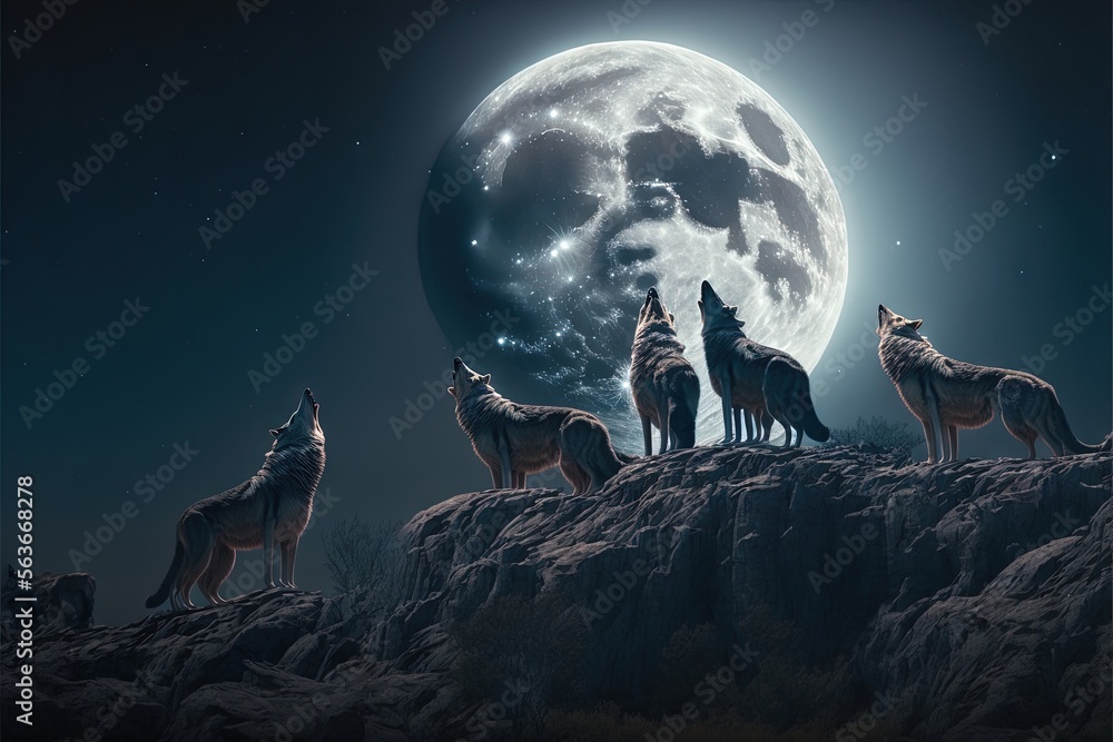 a group of wolfs standing on a hill looking at the moon in the sky with ...