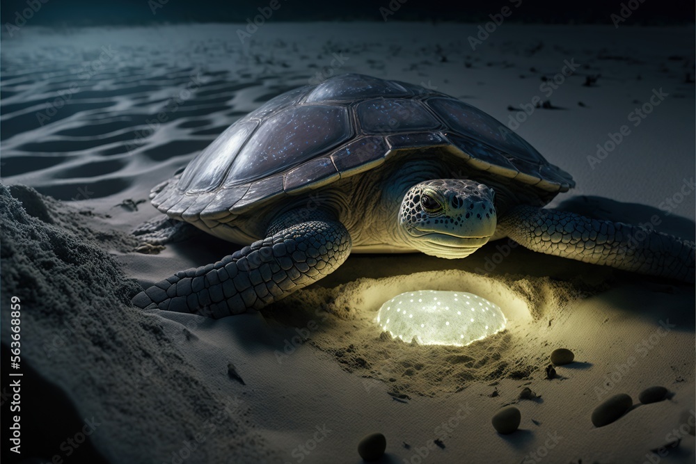 a turtle is sitting on the sand with its head turned to the side and ...