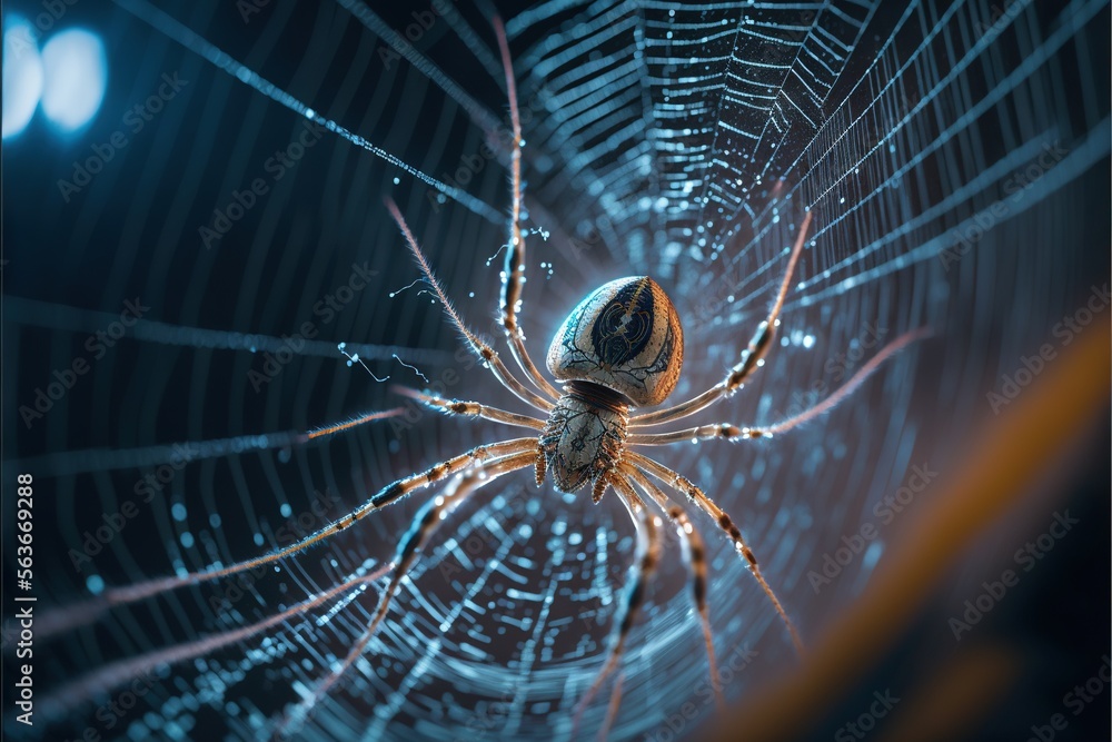 a spider is sitting in a web of light in the dark night sky, with its ...