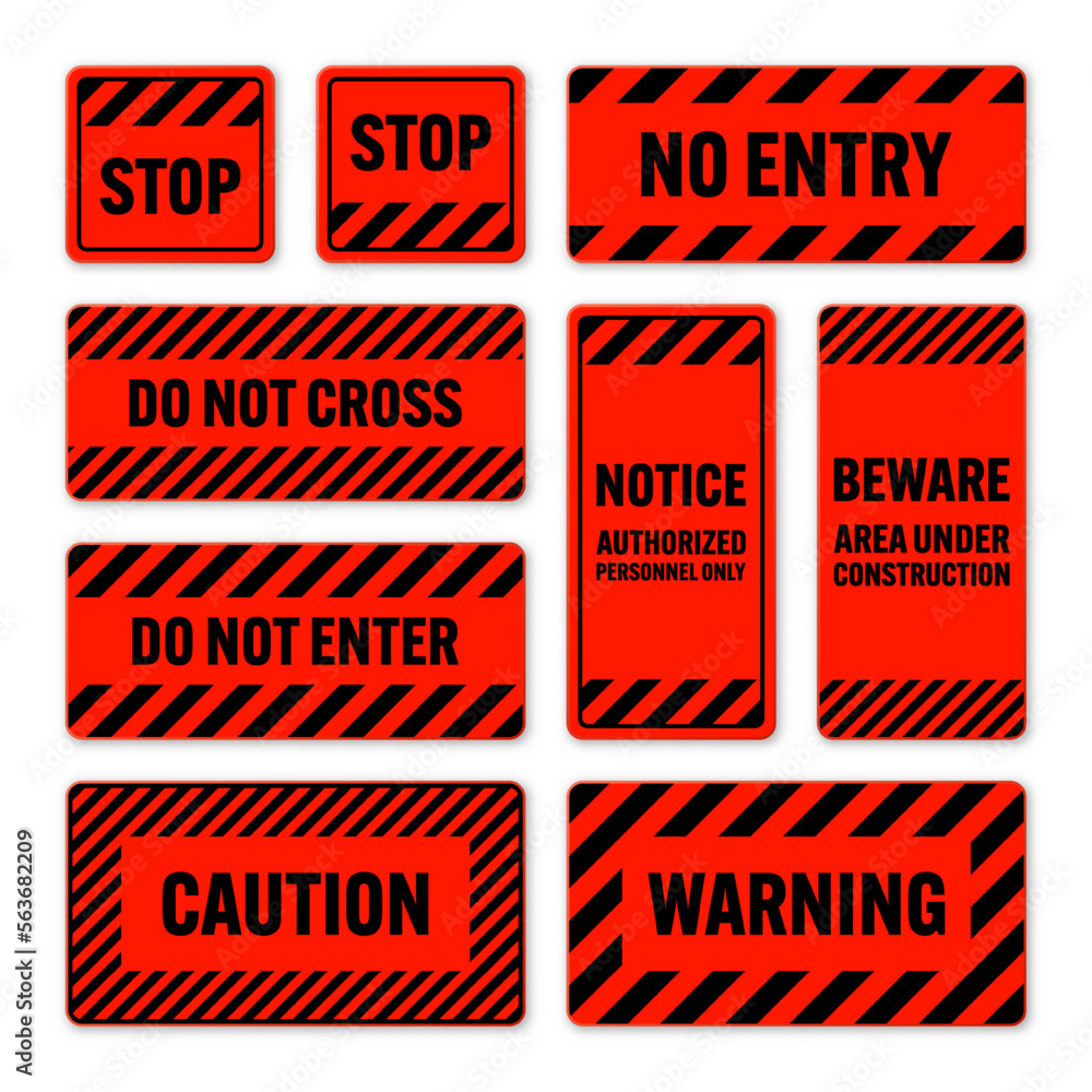 Various black and red warning signs with diagonal lines. Attention ...