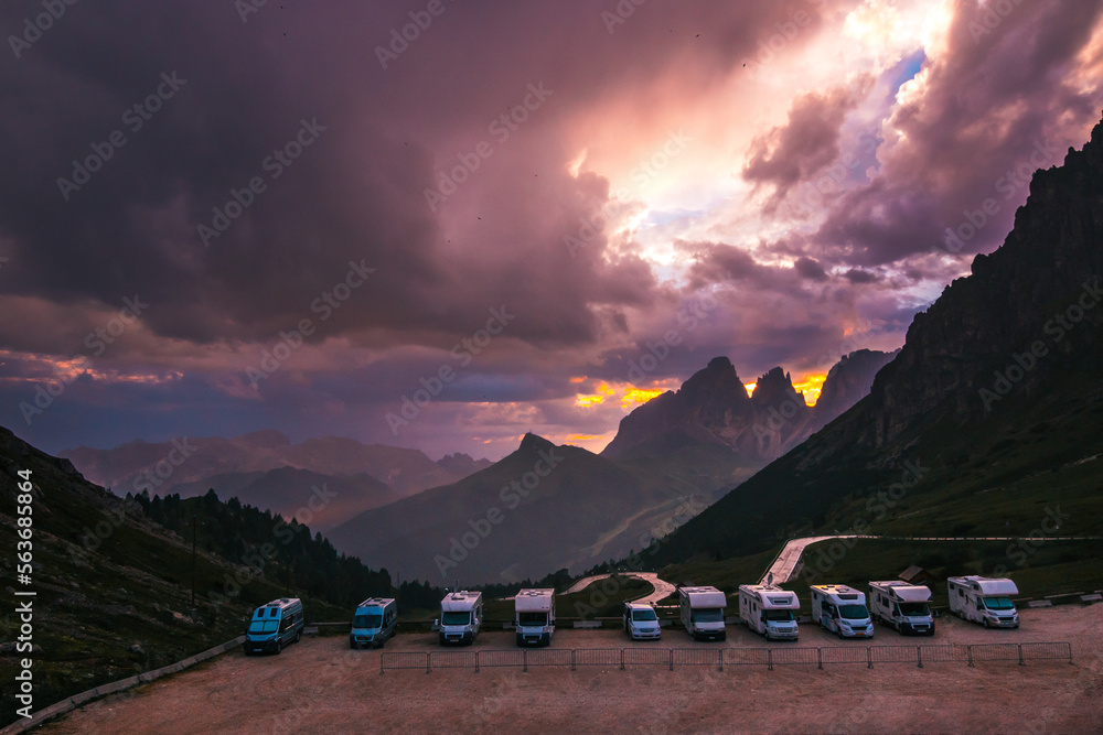 Motorhomes and campers parked in a rest caravan parking area in the ...