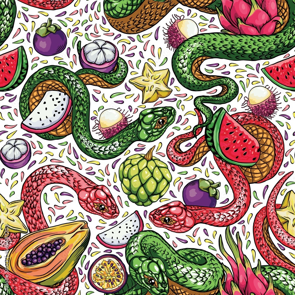 pattern of snakes and juicy fruits, colorful snakes and tropical fruits ...