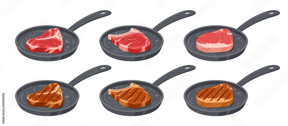 Raw and roasted meat steak on fried pan. Cartoon pork and beef steaks ...