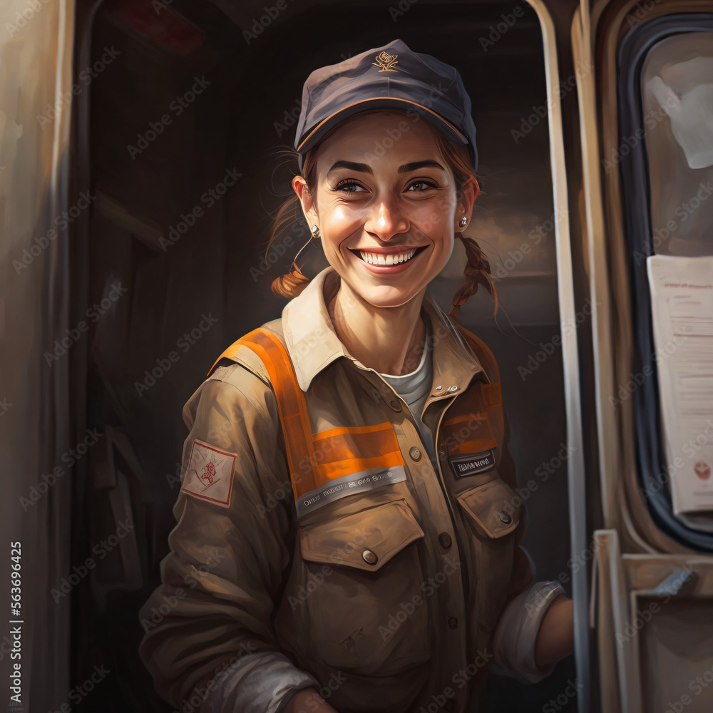 illustration of a train driver girl wearing a blue cap smiling ...