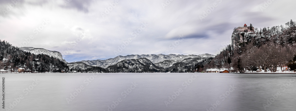 Bled, Slovenia - January 20th 2023: Long exposure with wide view of ...