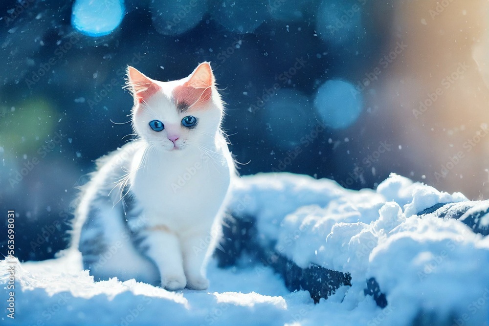 Cute cat in snow on rooftop patio. Sideview of fluffy calico kitty ...