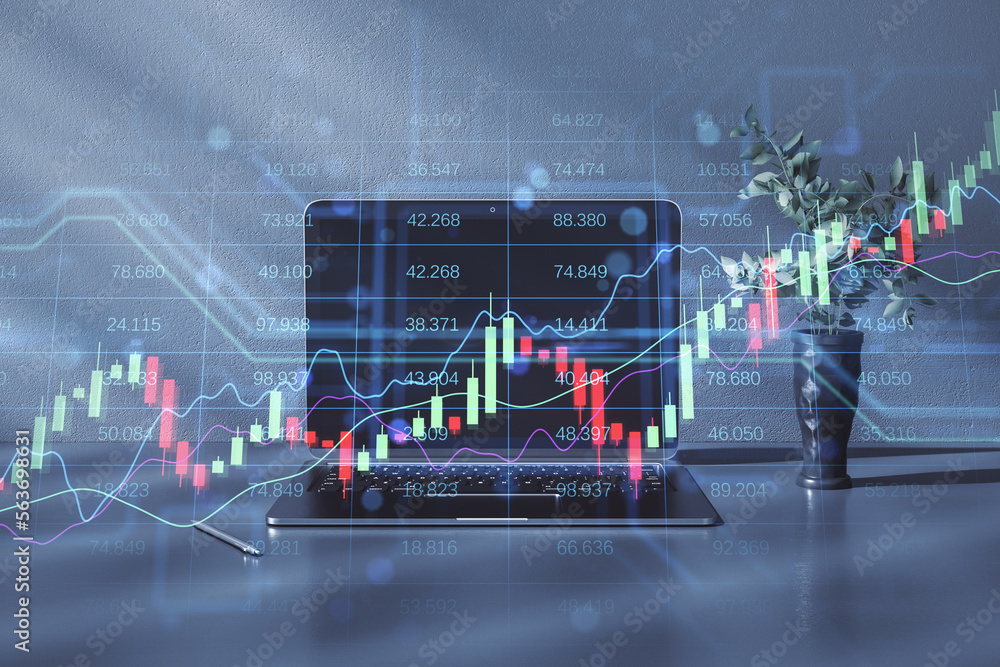 Investing, forex market and growth concept with digital rising up ...