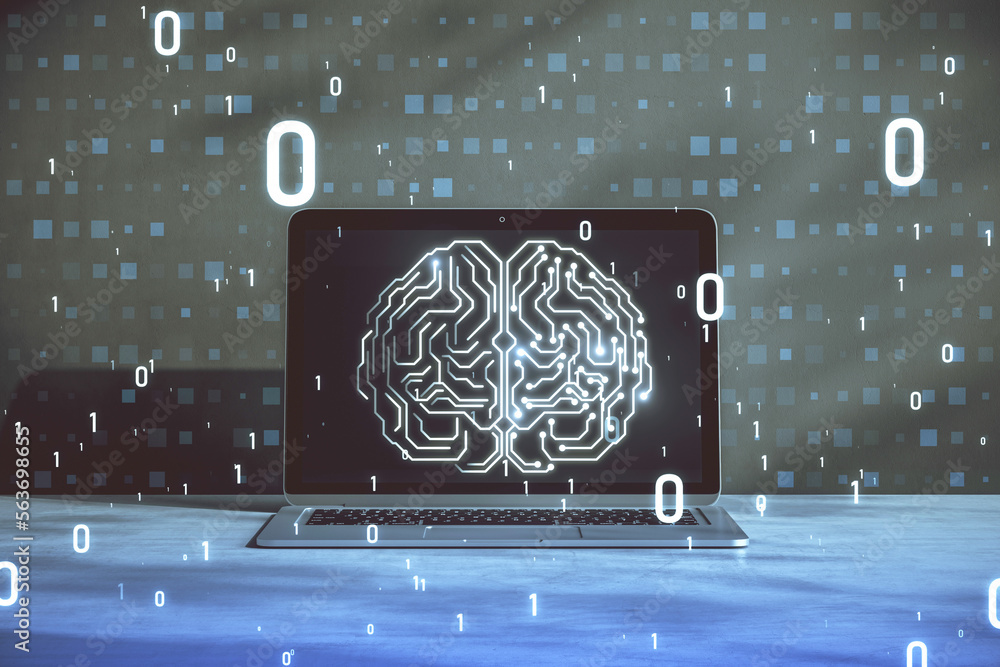 Glowing circuit human brain hologram on blurry background with computer and coding. Artificial ...