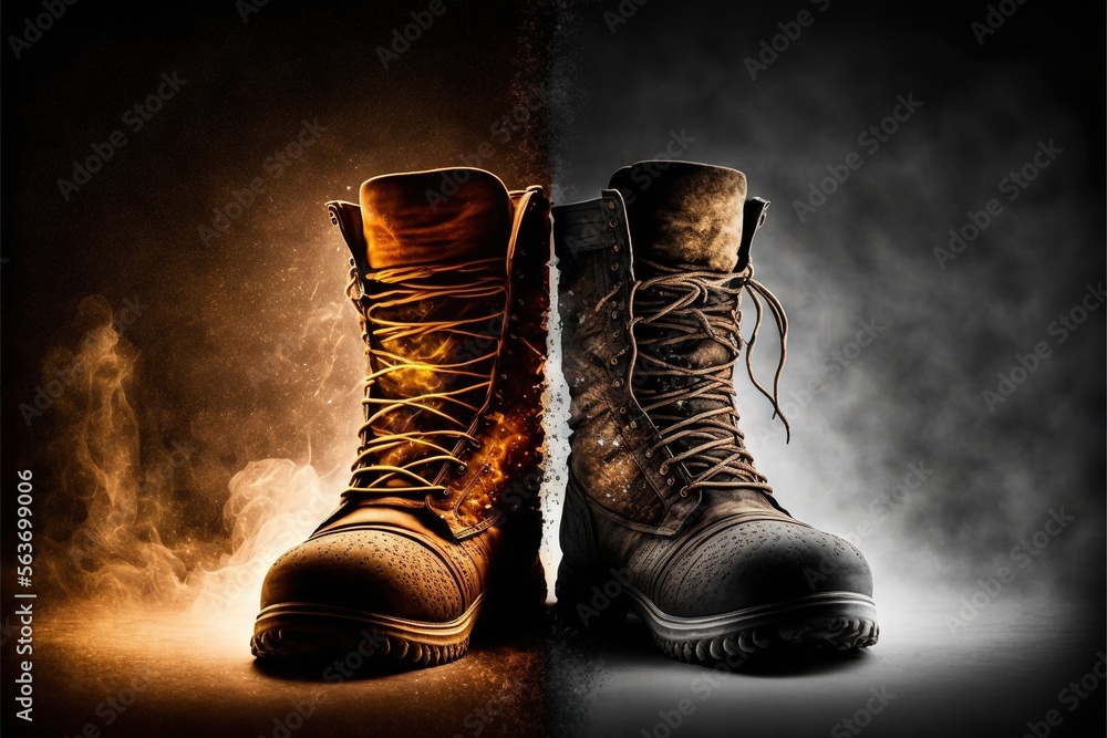 a pair of boots with a fire in the middle of them and a black ...