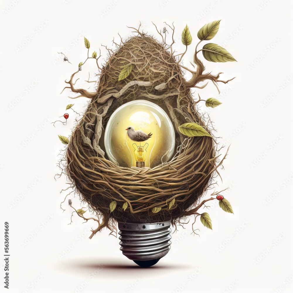 a light bulb with a bird inside of it and a nest inside of it with ...