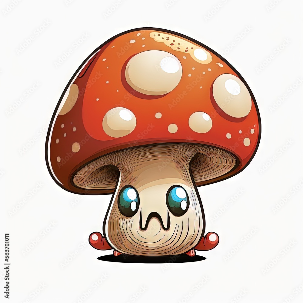 a cartoon mushroom with a sad face and big eyes, sitting on the ground ...