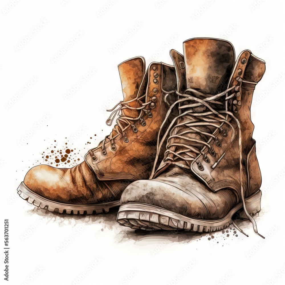 a pair of dirty boots with a white background and brown stains on the ...