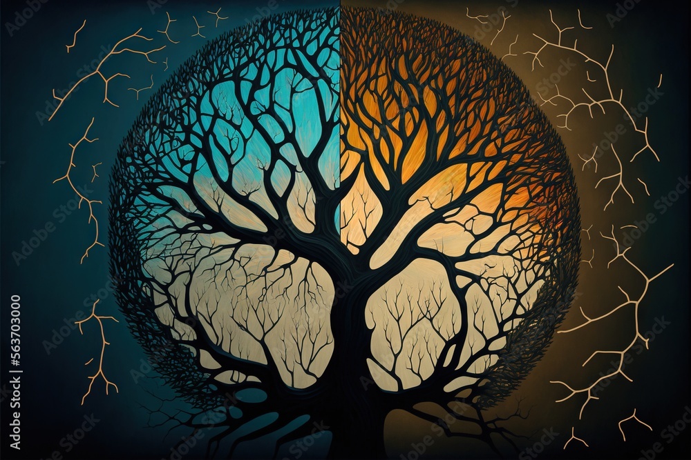 a painting of a tree with two different colors of the same tree in the ...