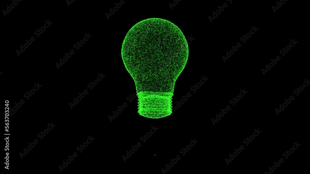 3D green light bulb rotates on black background. Object consisting of ...