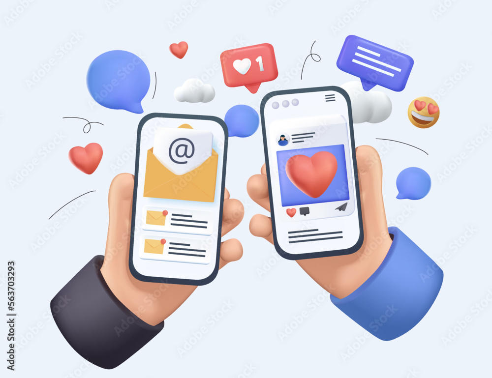 3D hands holding phone with message, icons and emoji. 3D Communication ...