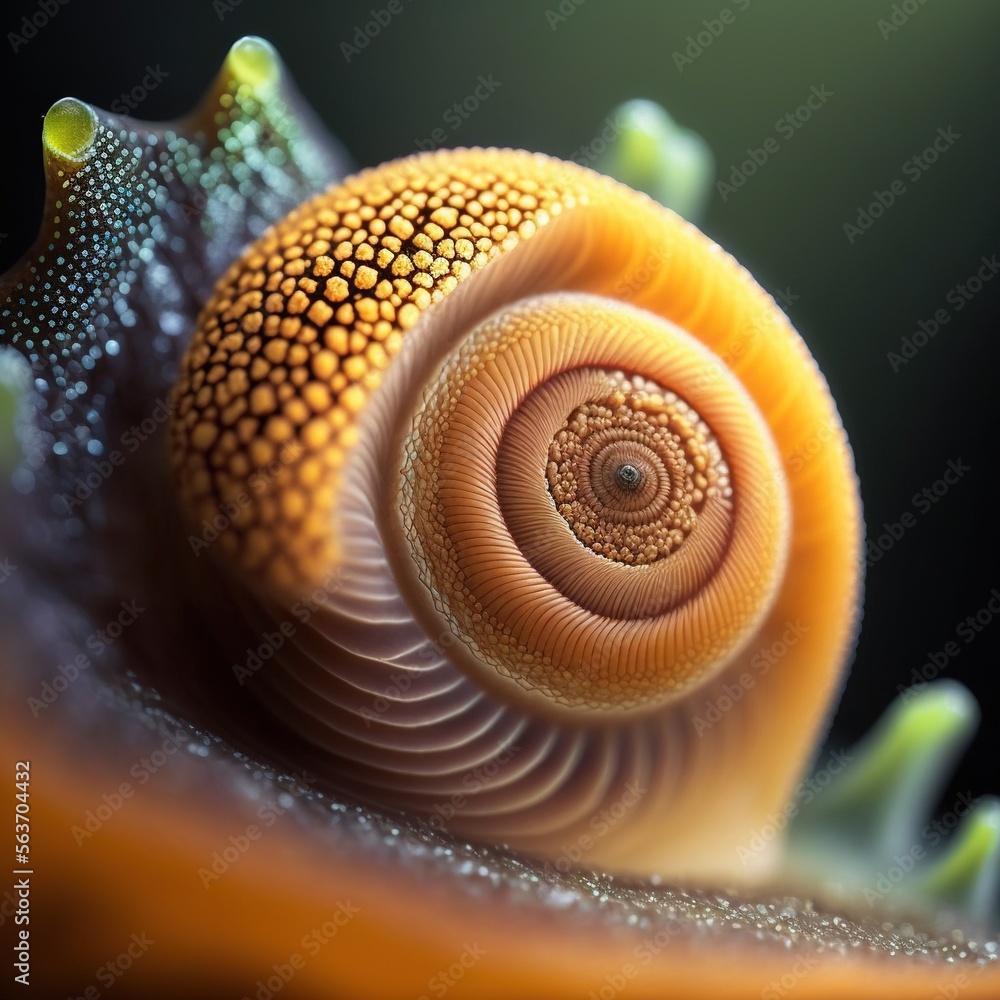 a close up of a snail's shell with a black background and a green ...