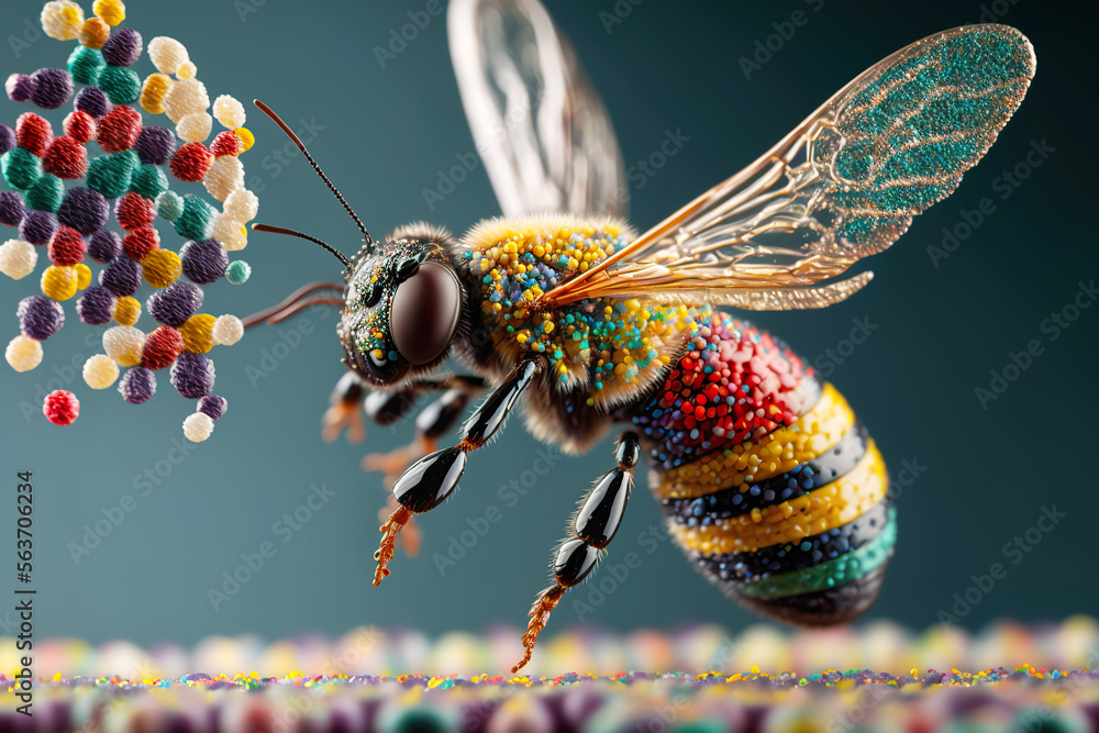 Multicolored bee feeding on colored candies. Evolution of bees. Image ...