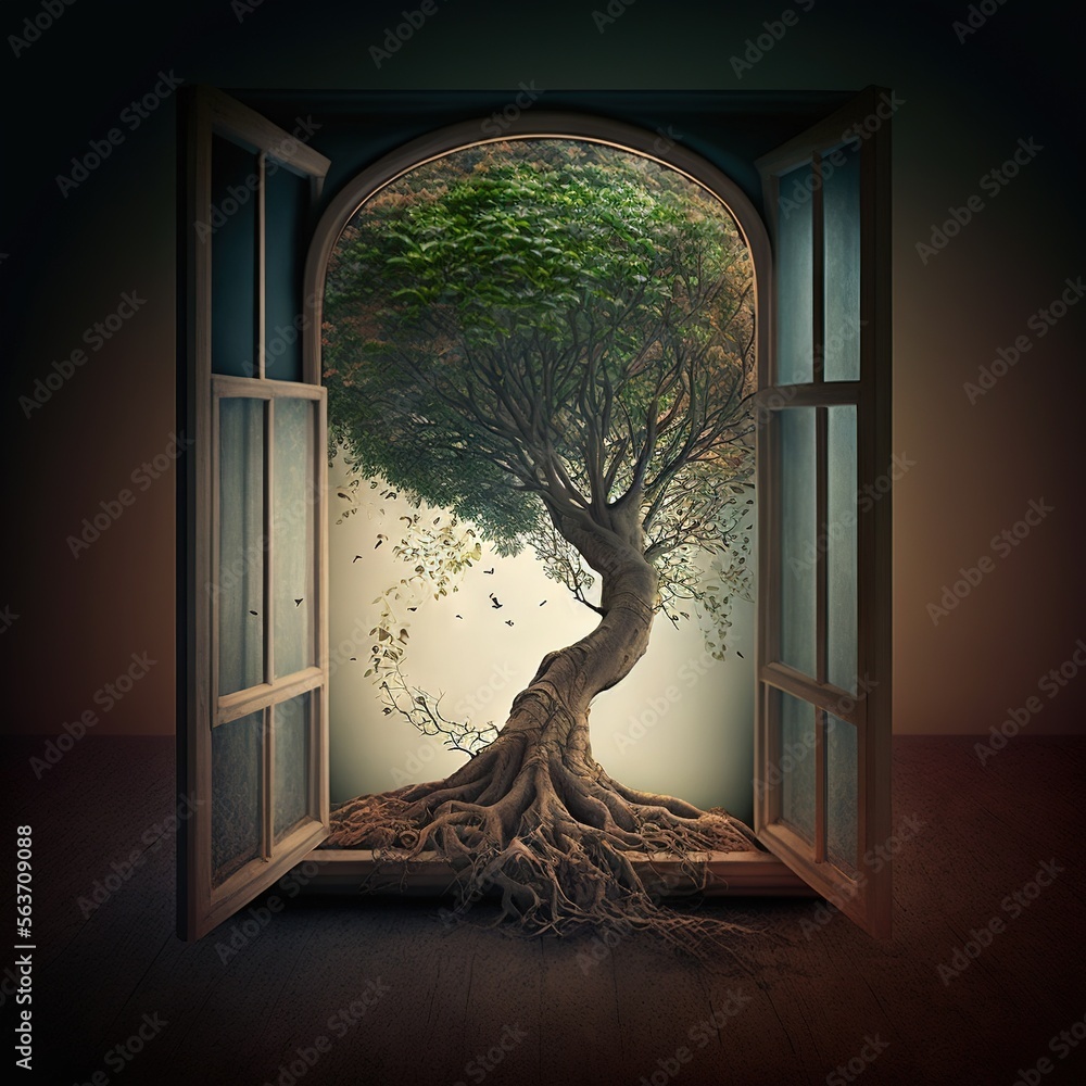 a tree is growing out of a window with a view of the outside of it and ...
