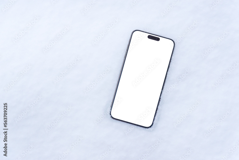 Phone in snow with isolated display in white color for mockup, app ...