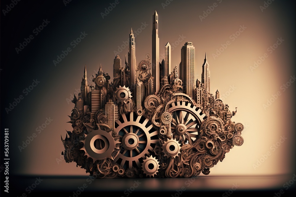 a group of gears and buildings are in a sculpture of a city with ...