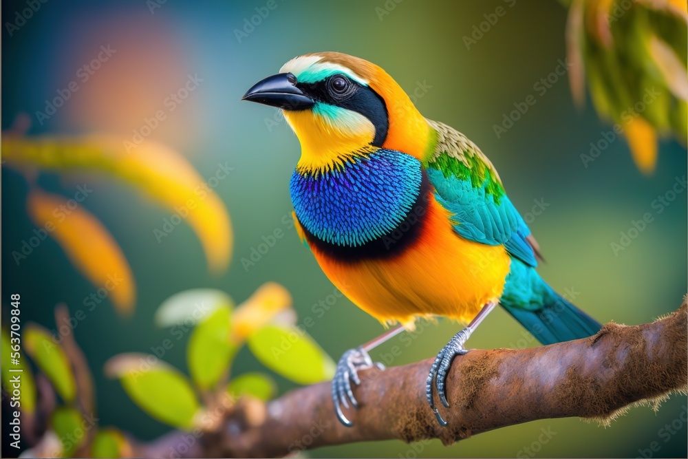 Fototapeta a colorful bird perched on a branch of a tree with leaves in ... Fototapeta a colorful bird perched on a branch of a tree with leaves in ...