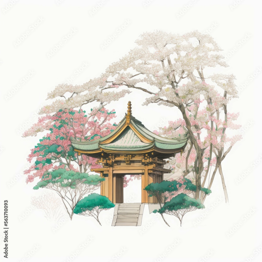 Lightly colored ink sketch of an imaginary Japanese temple created by ...