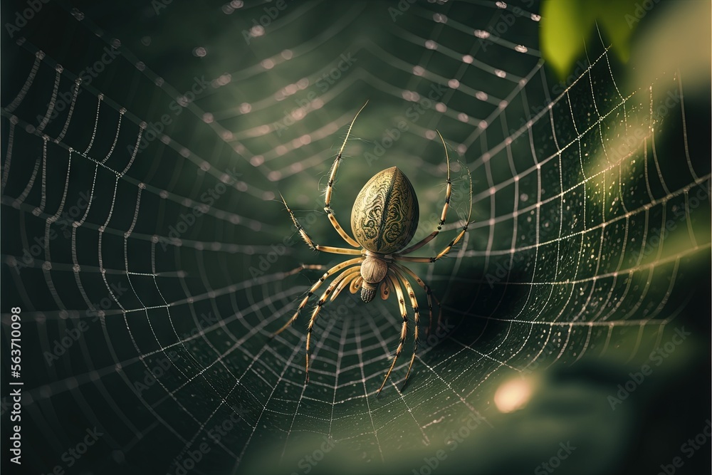 a spider is sitting on a web in the middle of a spider web, with dew ...