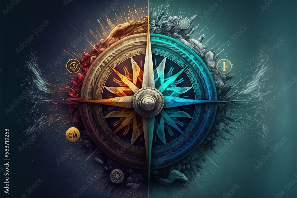 a compass with two different colors and a black background with a blue ...