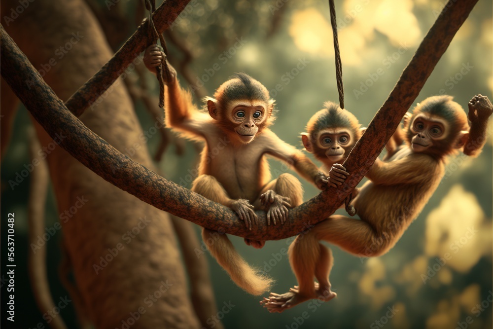 three monkeys hanging from a tree branch in a forest with a baby monkey ...