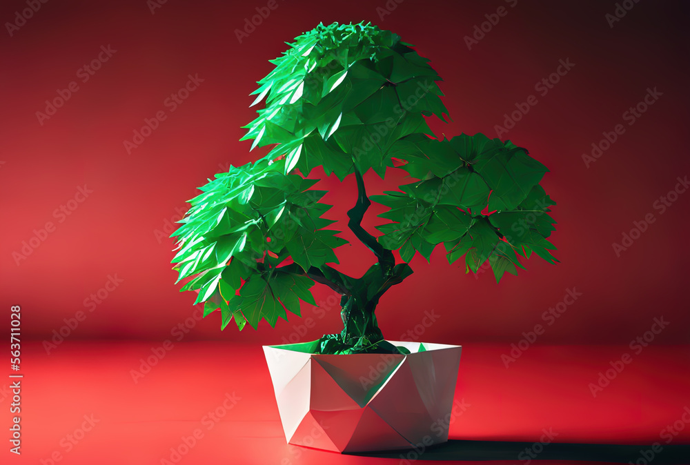 Origami style cute pine zen japanese bonsai tree, style fold paper art ...