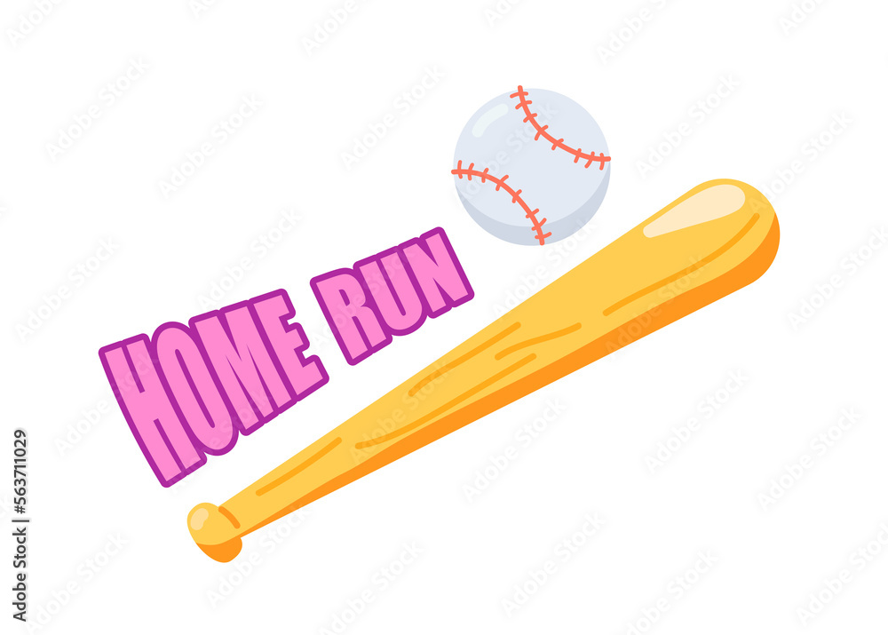 Baseball bat and ball with Home run text. Sports and competition ...
