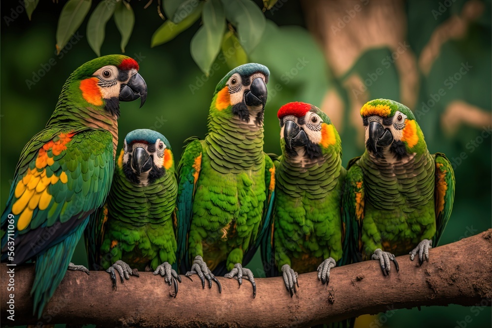 a group of colorful parrots sitting on a tree branch together in a ...