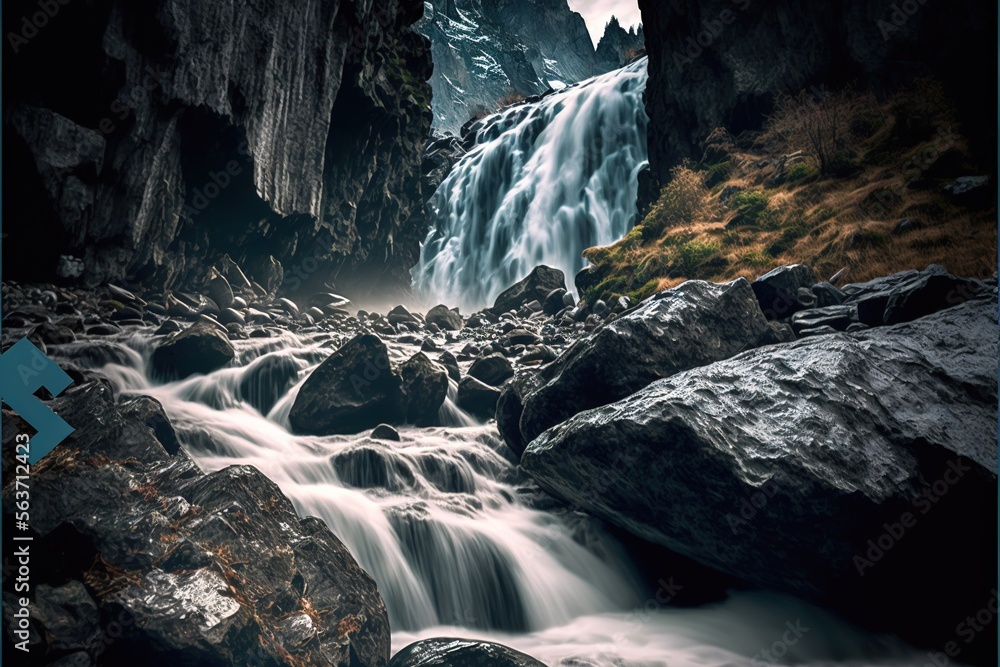 a waterfall is flowing into a cave with rocks and a mountain in the ...