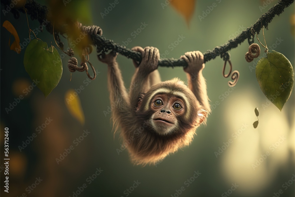 a monkey hanging from a tree branch with a string of leaves hanging from it's sides and a string ...
